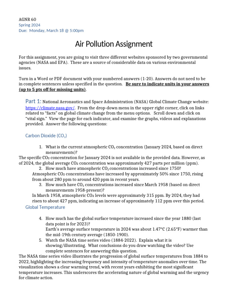 Air Pollution Assignment Worksheet | PDF | Sea Level Rise | Methane