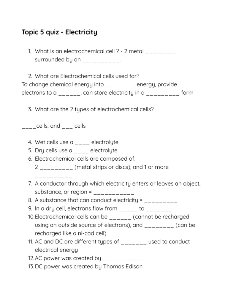 Topic 5 Quiz - Electricity-2 | PDF