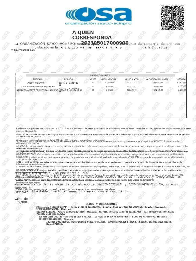 Certificado SAYCO Y ACINPRO | PDF