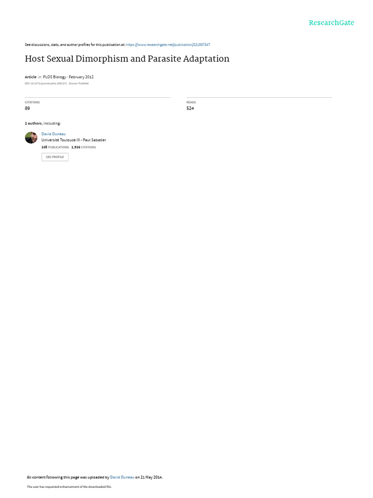 Duneau e Ebert-Host Sexual Dimorphism and Parasite Adaptation | PDF | Honey Bee | Parasitism