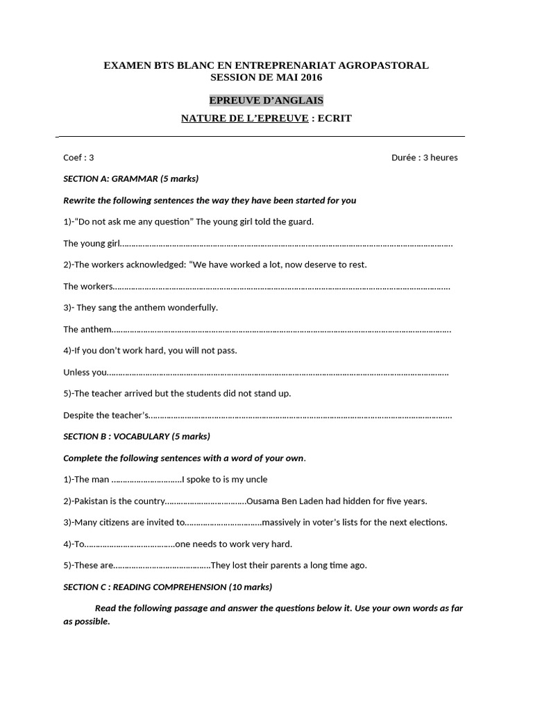 10 Epreuves BTS Blanc Eta Maroua | PDF