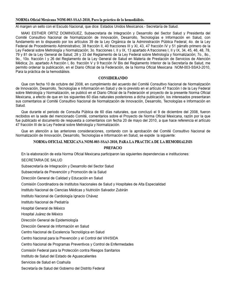 NOM-003-SSA3-2010, para La Práctica de Hemodiálisis | PDF | Hemodiálisis | Hospital
