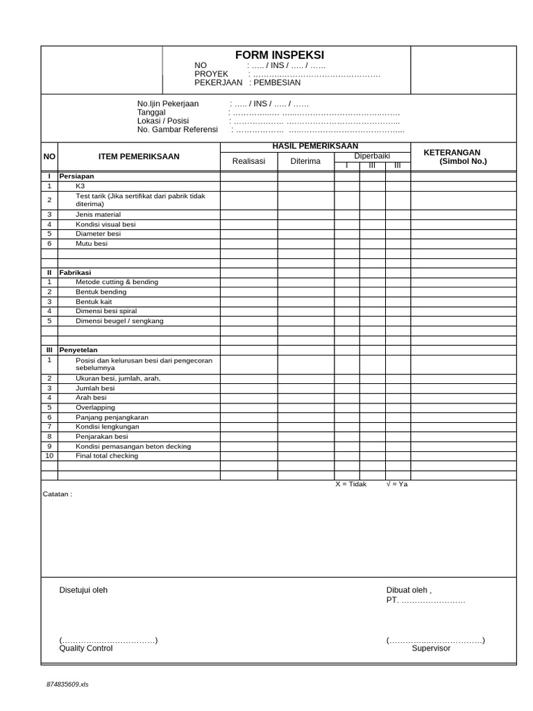 Checklist Pembesian Proyek Konstruksi | PDF