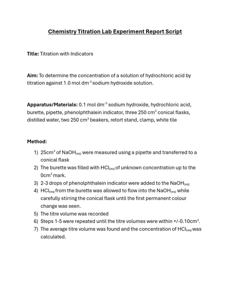 Chemistry Titration Lab Experiment Report Script | PDF