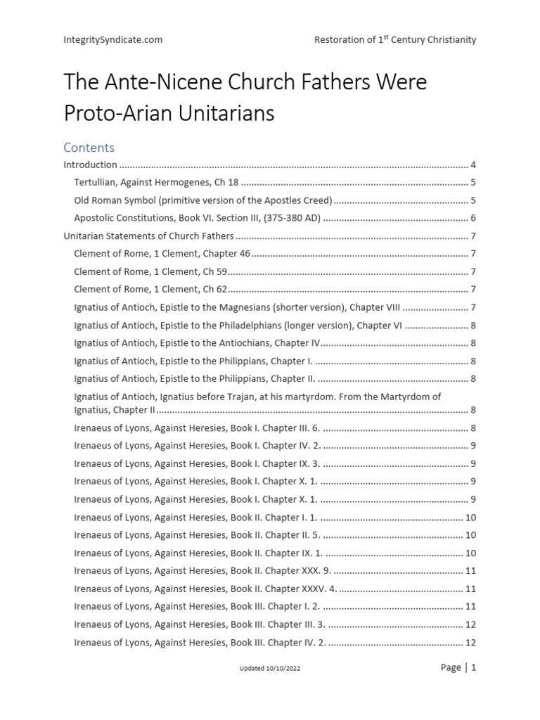 Ante Nicene Church Fathers Were Proto Arian Unitarians 2 | PDF | God ...