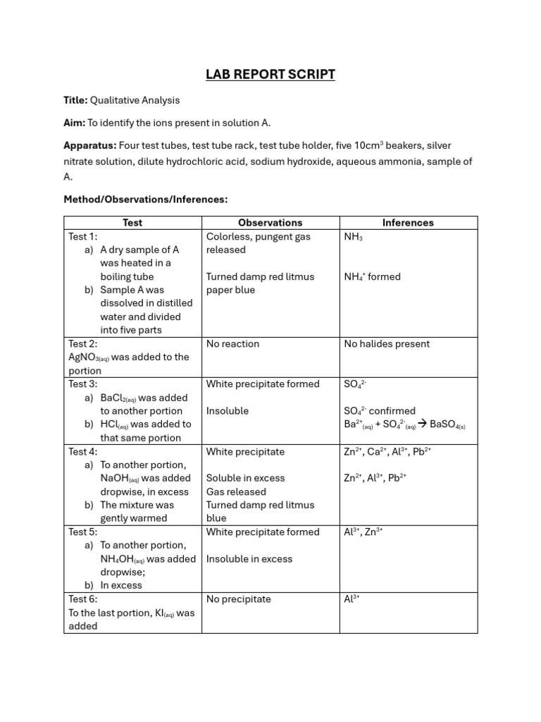 Qualitative Analysis Lab (Ammonium Aluminium Sulphate) | PDF
