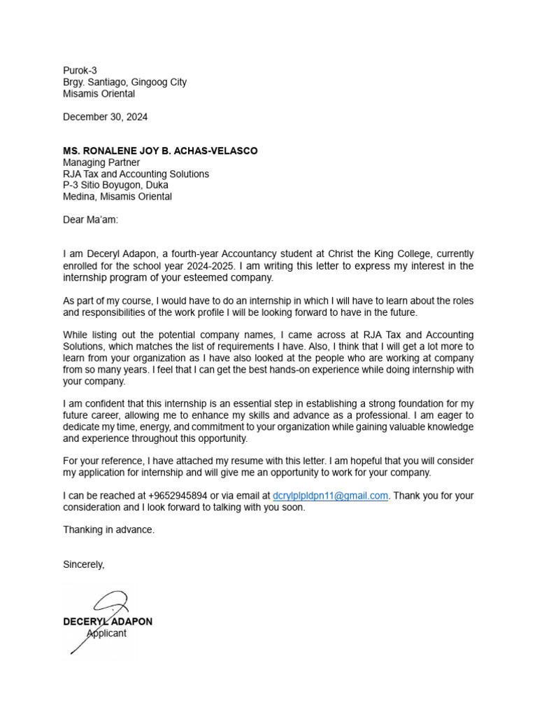 Deceryl Adapon - Internship Application-Velasco Medina | PDF