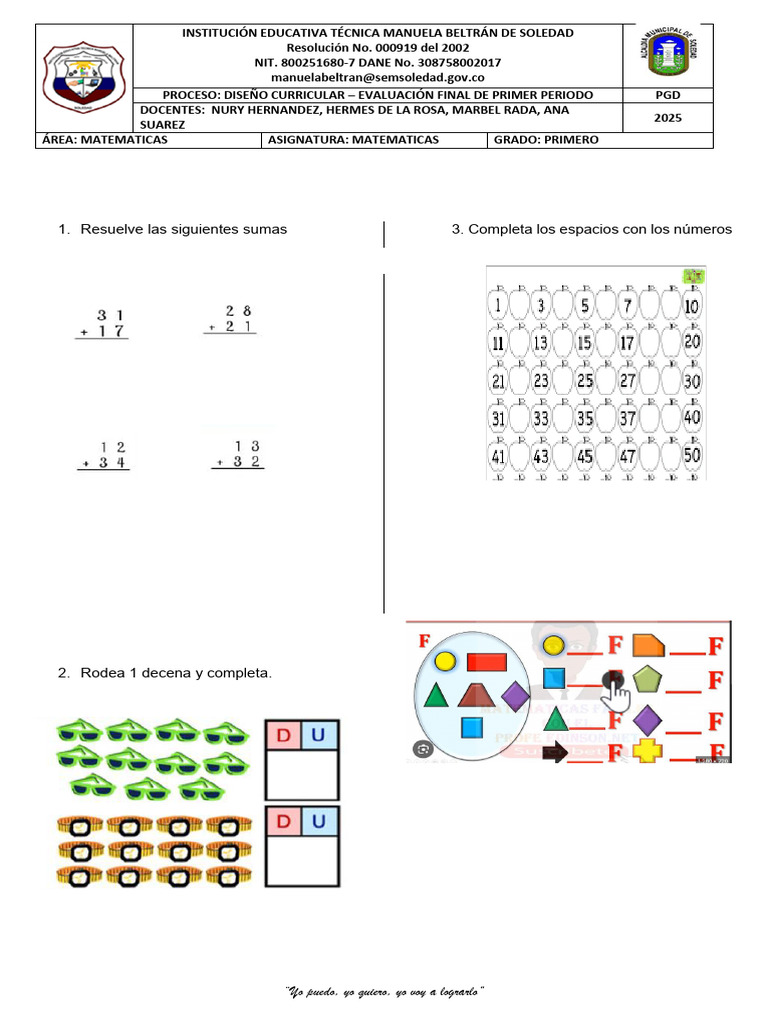 Examen Matematicas Primer Periodo Primero. | PDF