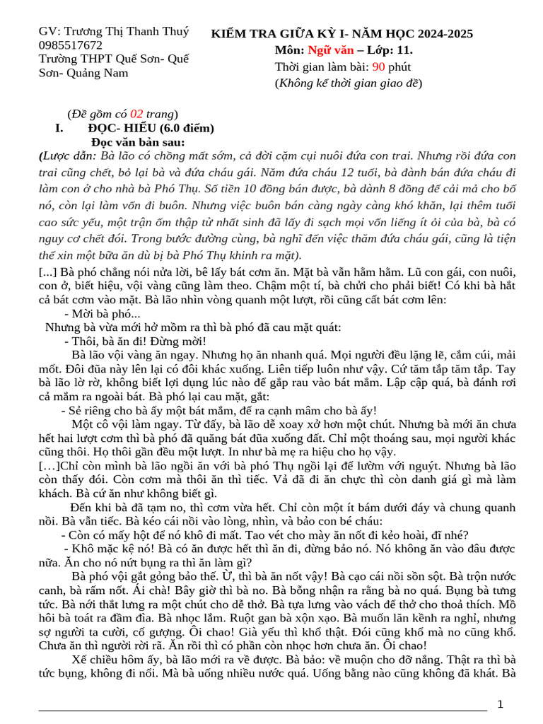 KHỐI 11. GKI-TRUYỆN. MỘT BỮA NO. NT KỂ CHUYỆN TRONG ĐOẠN TRÍCH MỘT BỮA NO | PDF