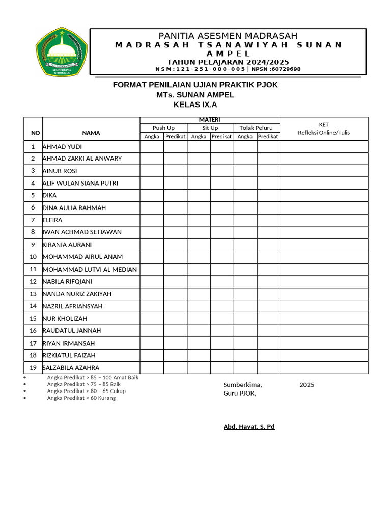Format Penilaian Ujian Praktik PJOK | PDF