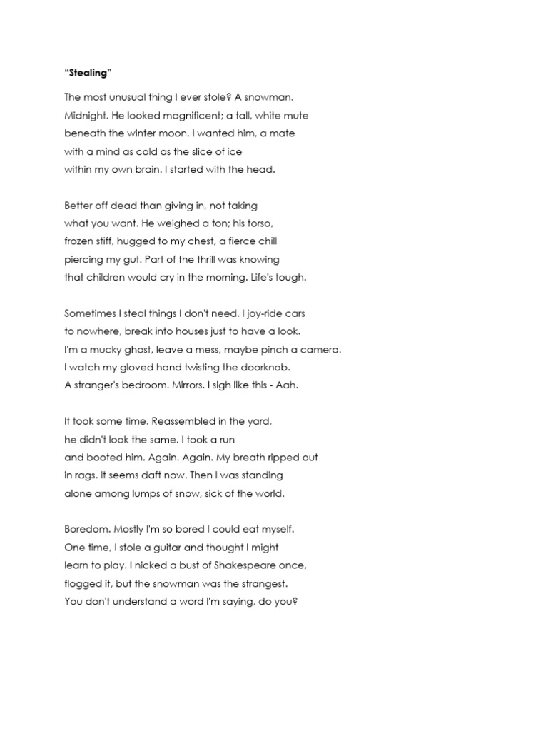 Stealing - Carol Ann Duffy | PDF