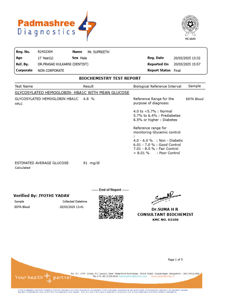 Biochemistry & Hematology Test Report | PDF | Glycated Hemoglobin ...