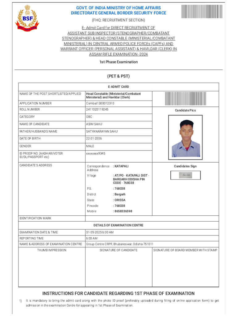 Rectt.bsf.Gov.in Applicant Print-card Id=3340545 | PDF | Government ...