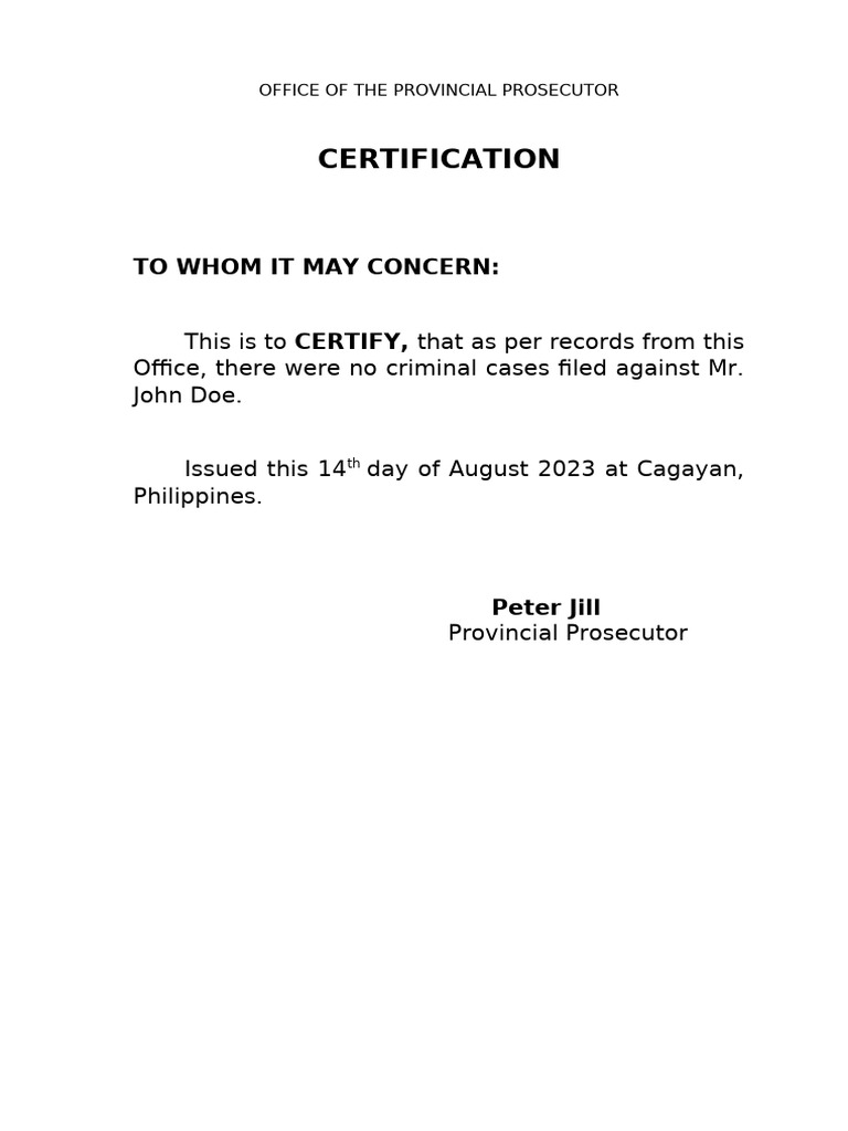 Certification of No Criminal Cases Against John Doe | PDF