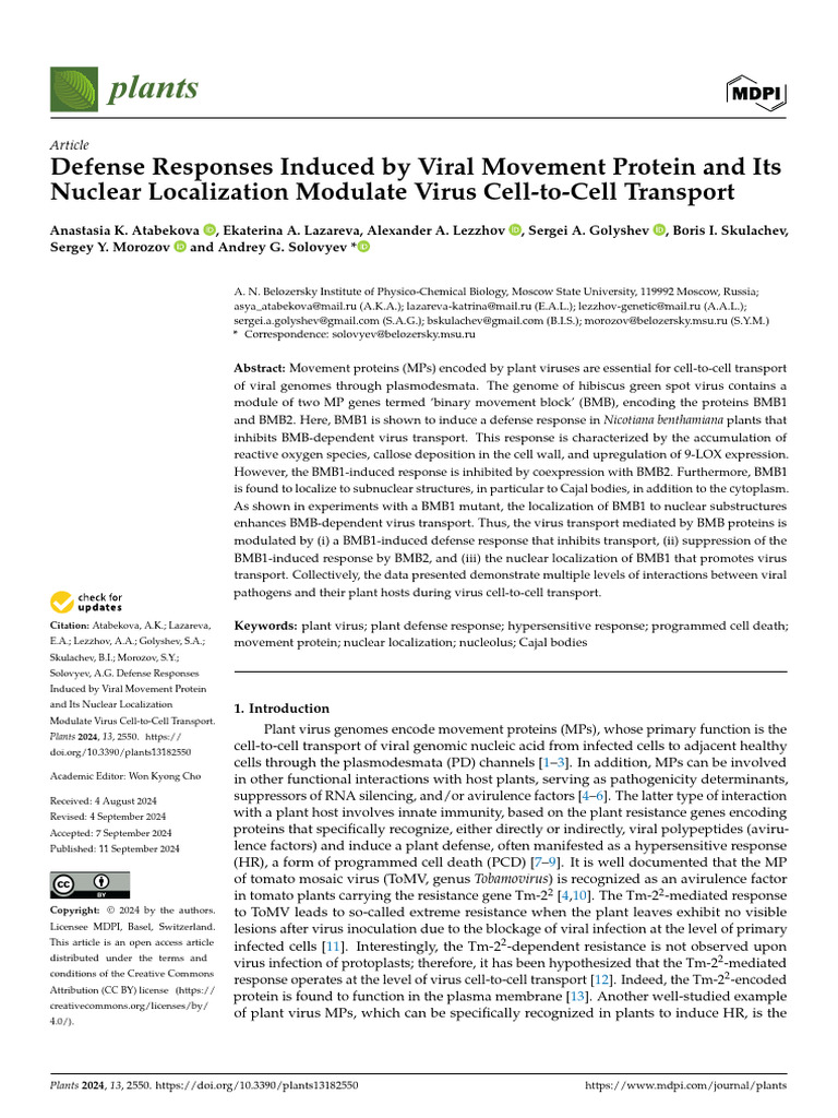 Defense Responses Induced by Viral Movement Protein and Its Nuclear ...