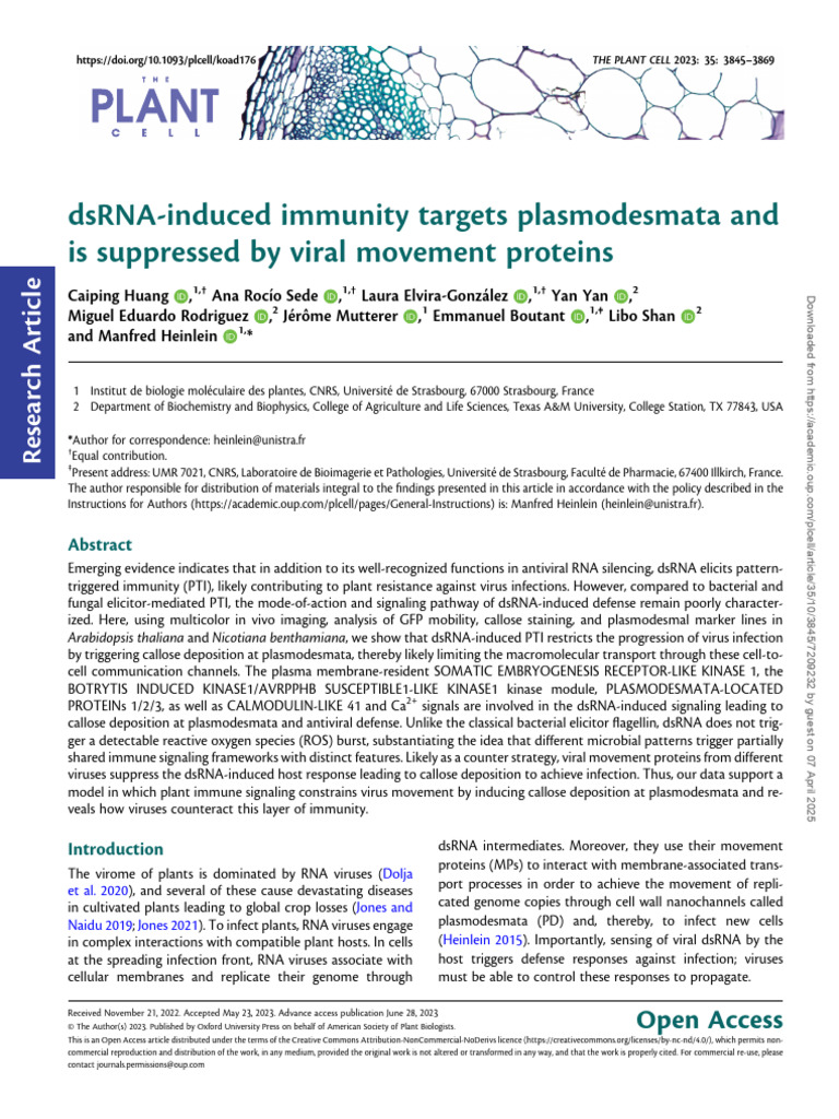 dsRNA-induced Immunity Targets Plasmodesmata and Is Suppressed by Viral ...