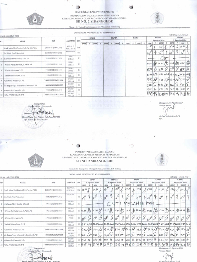 Absen Guru Dan Pegawai Bulan Agustus 202420241126 - 12332340 | PDF