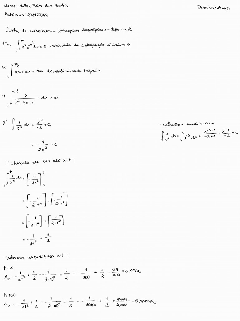 Lista de exercícios integrais impróprias 1 e 2_250409_100430 | PDF