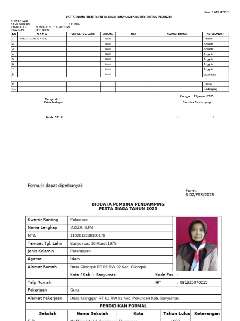 BIODATA PEMBINA PESTARAN PKC 2025 | PDF