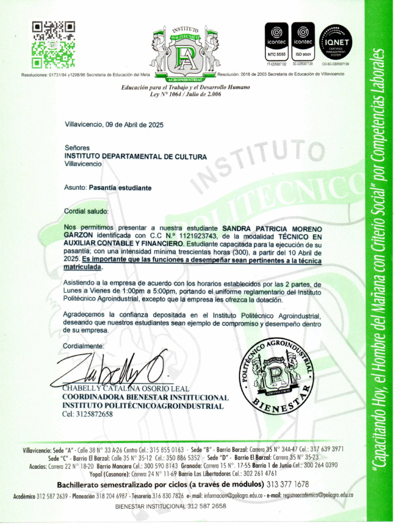 Carta de Presentacion de Sandra Patricia Moreno Garzon | PDF