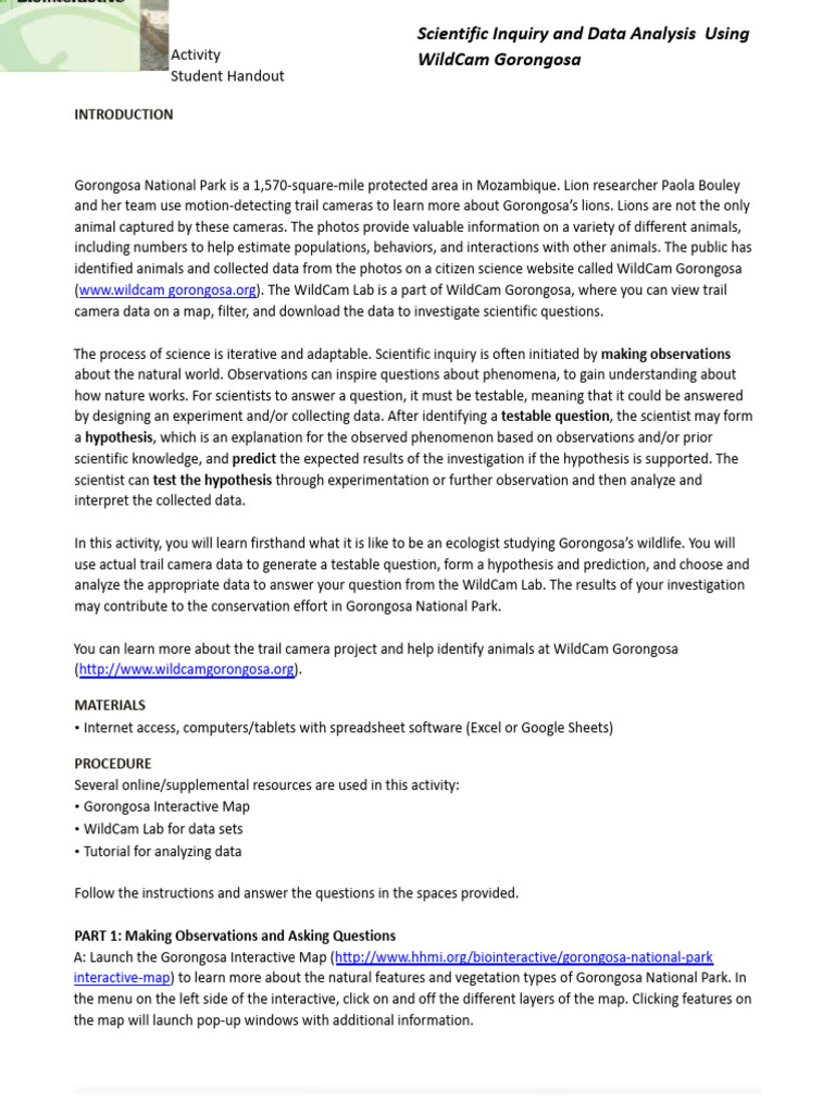 Scientific Inquiry with WildCam Gorongosa | PDF | Scientific Method | Data Analysis