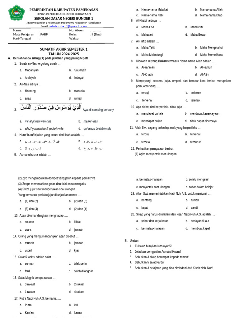 Soal Asas Ganjil PAI Kelas 2 2024 | PDF