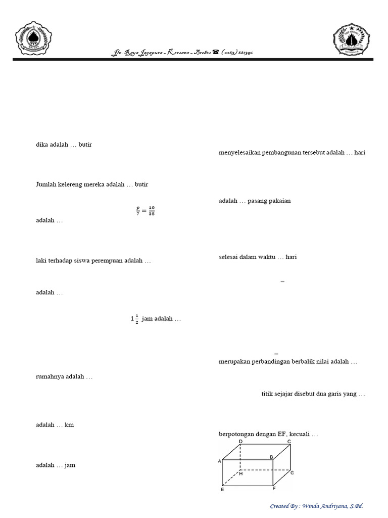 SOAL PREDIKSI MTK ASTS 2 KELAS VII SMP N 1 KERSANA TP 2024.2025 | PDF