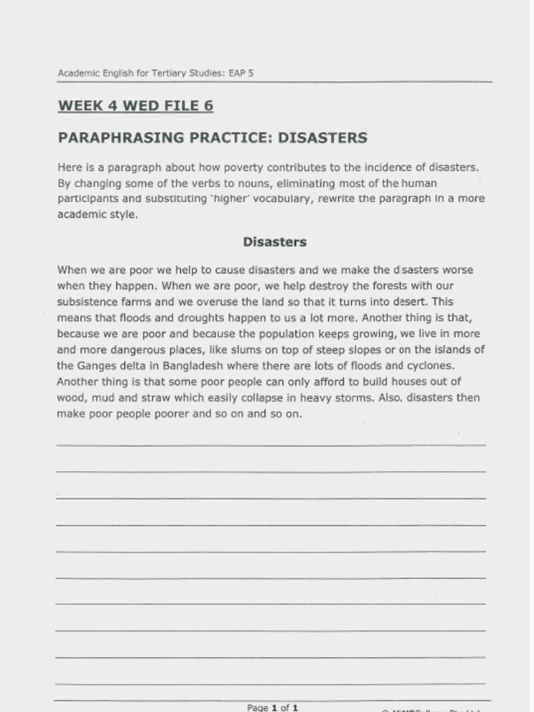 EAP5 Week 4 Wed F6 - Paraphrasing Practice Disasters - NO ANSWERS | PDF