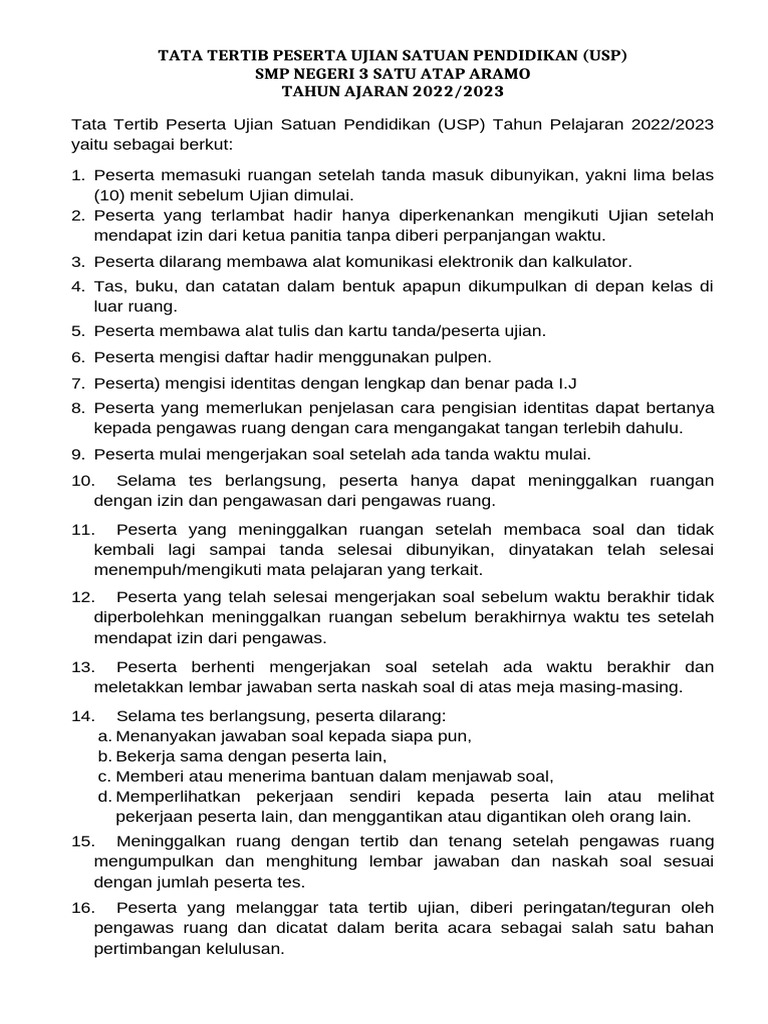 5 Tata Tertib Peserta Ujian Sekolah | PDF