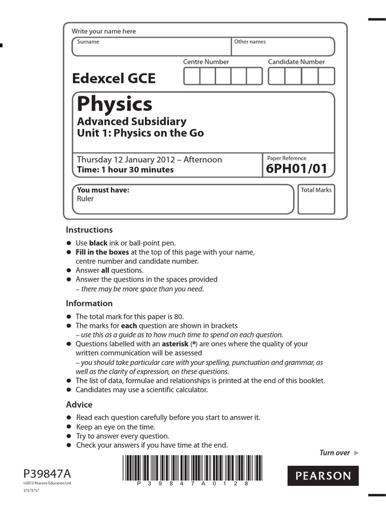 January 2012 QP - Unit 1 Edexcel Physics A-Level | PDF | Euclidean ...