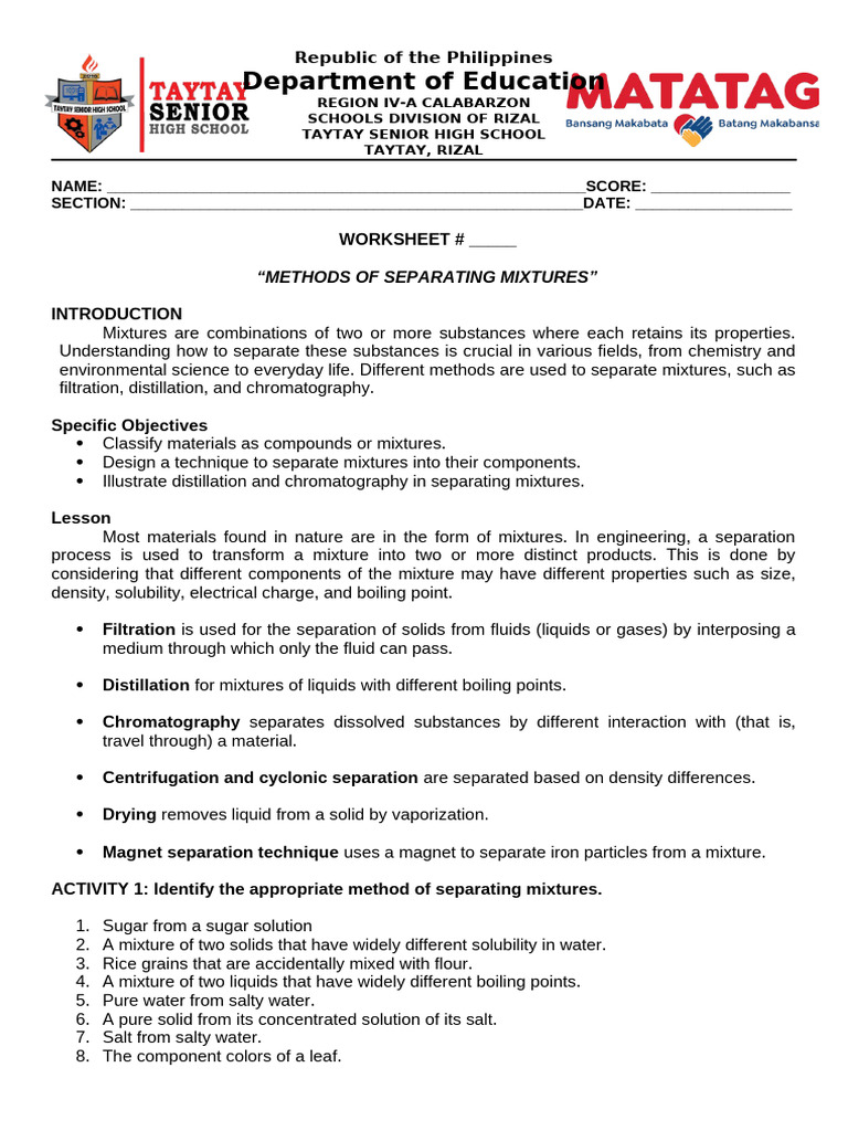 Worksheet2-Separating Mixtures | PDF | Distillation | Mixture