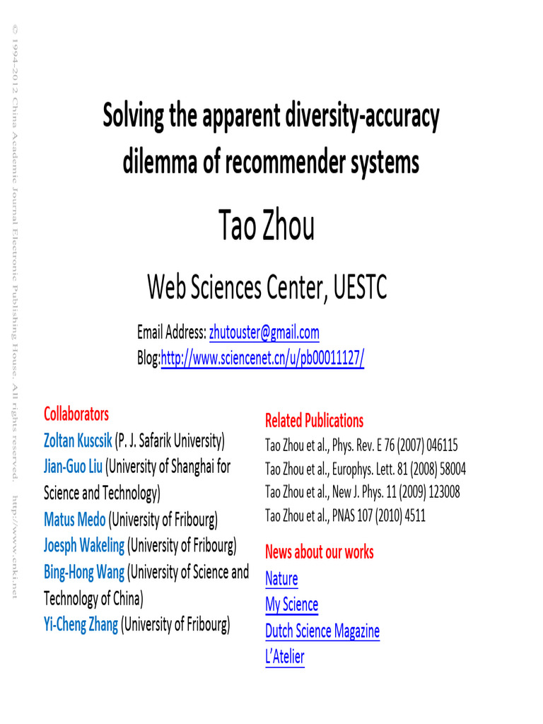 4a - Solving The Apparent Diversity-Accuracy Dilemma of Recommender Systems | PDF | Information ...