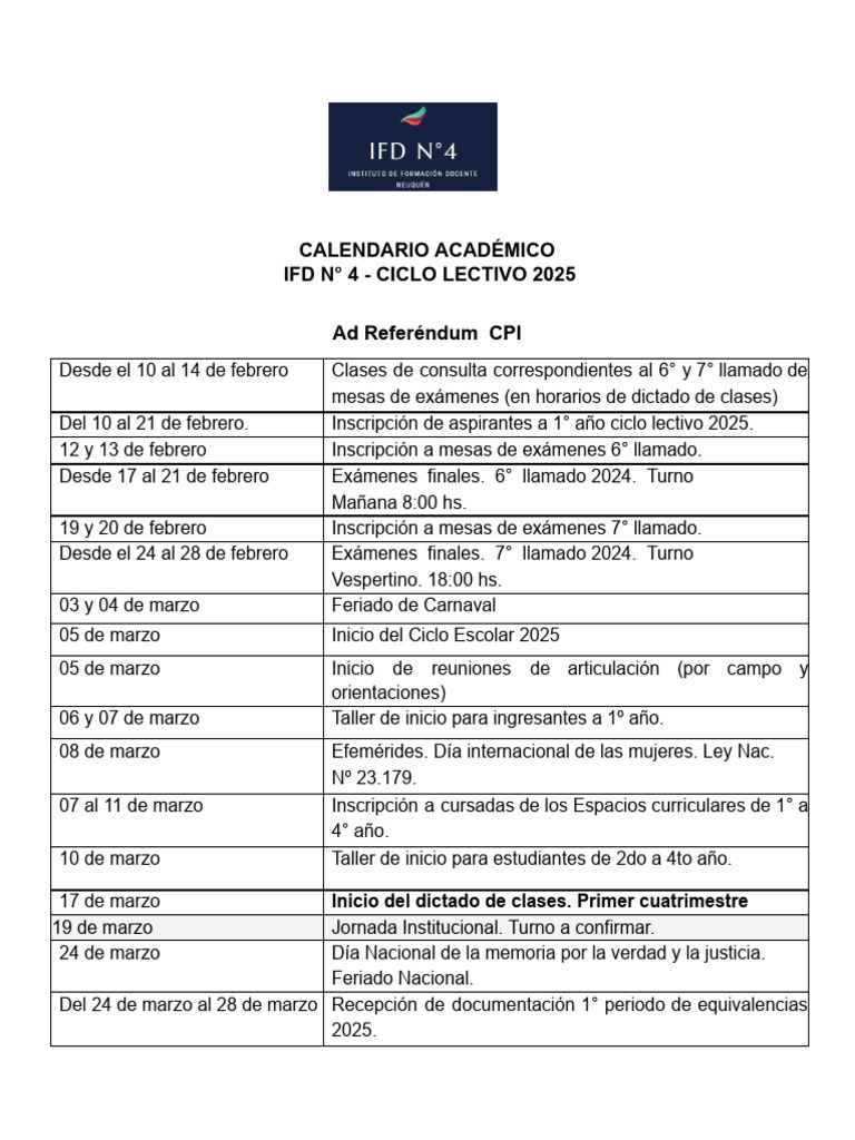 Calendario Académico IFD N° 4 2025 | PDF