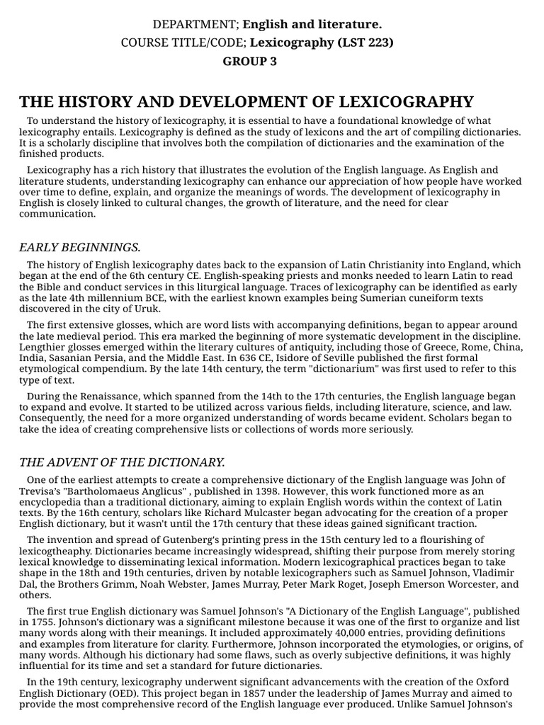 History of Lexicography Explained | PDF | Lexicography | Dictionary