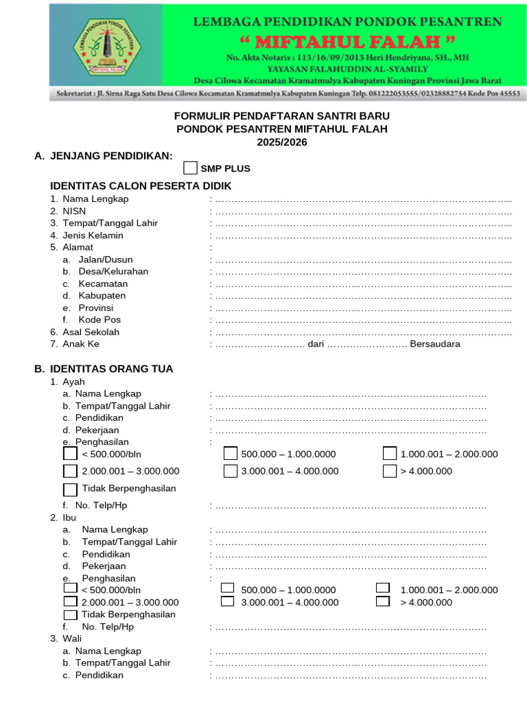 Formulir Pendaftaran Santri 2025 | PDF