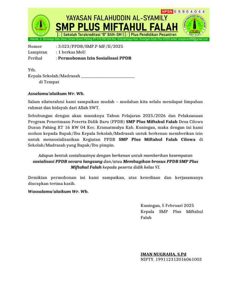 Surat Permohonan Izin Sosialisasi PPDB - 2025-2026 | PDF