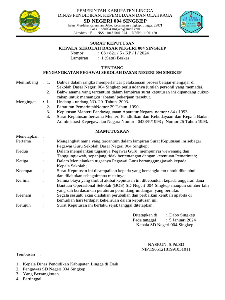 Contoh SK Pengangkatan Guru Honorer | PDF