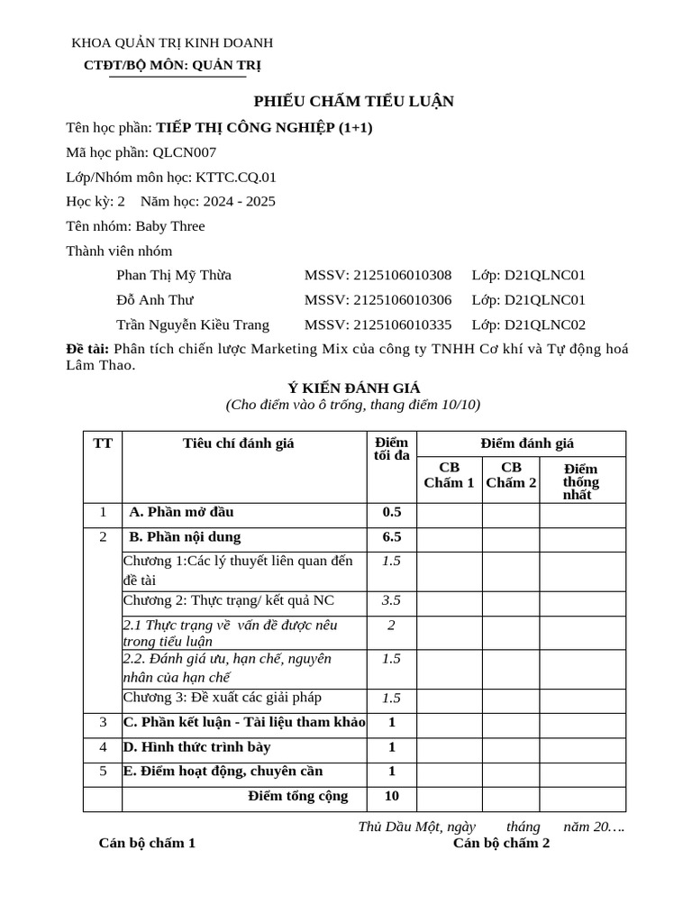 Phieu cham & Rubric tieu luan (2) | PDF