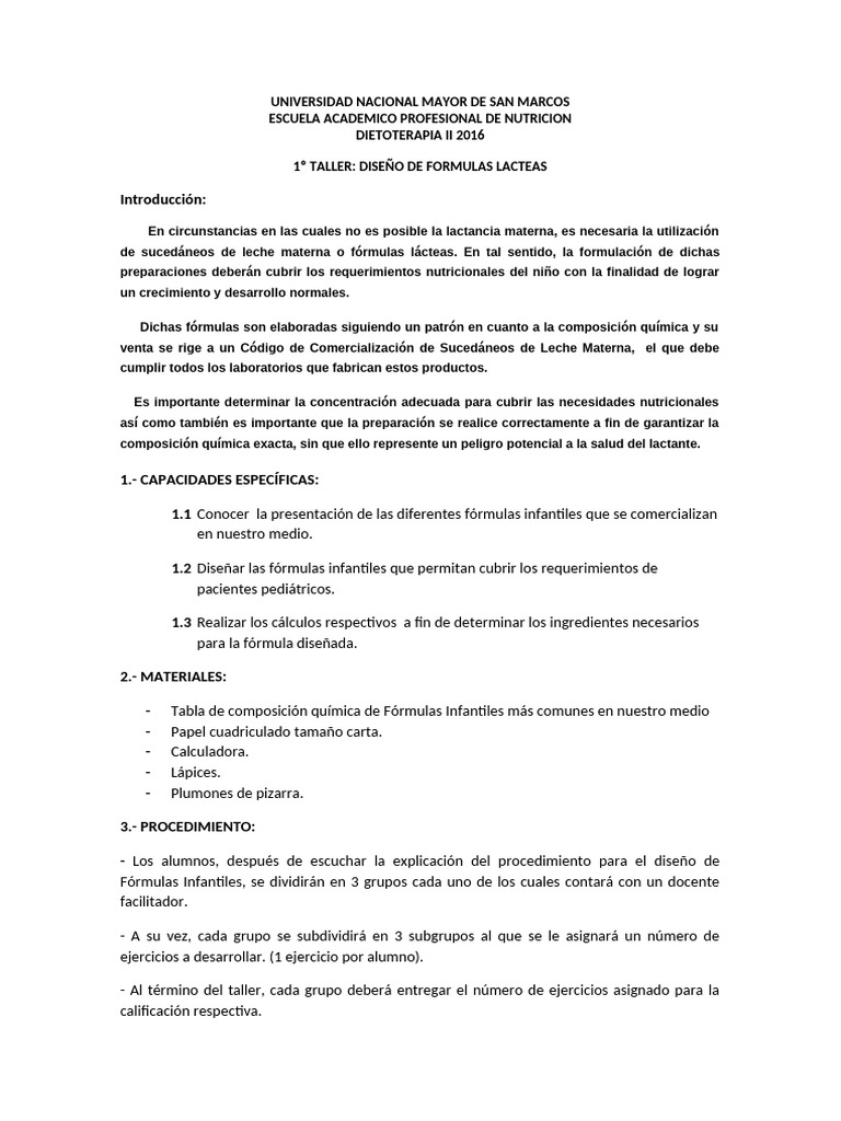 Taller de Formulas Infantiles- Dietoterapia II-2016 (1) | PDF | Formula ...