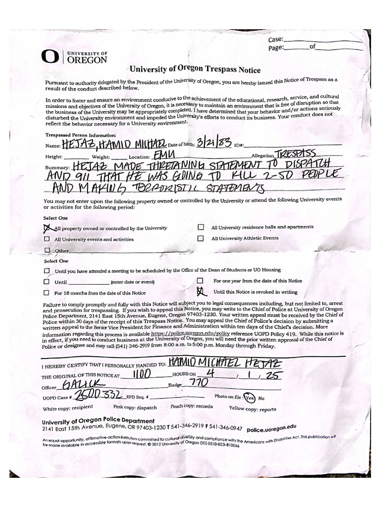 UO Trespass Notice re. Call 2503351 911 Hejazi April 1, '25 CamScanner ...