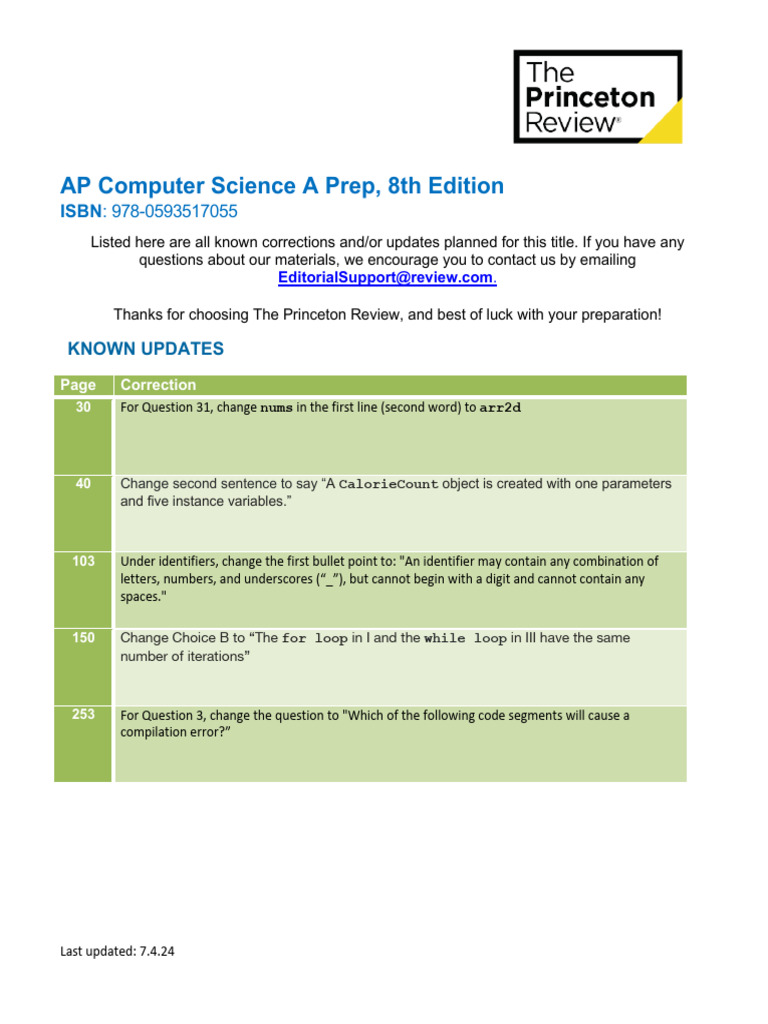 AP Comp Sci A 8th Ed Errata | PDF