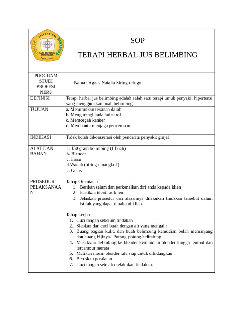SOP Terapi Jus Belimbiing | PDF