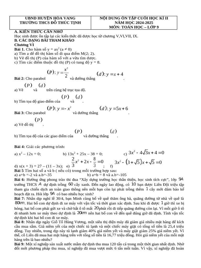 ĐỀ CƯƠNG HK2 TOÁN 9 | PDF