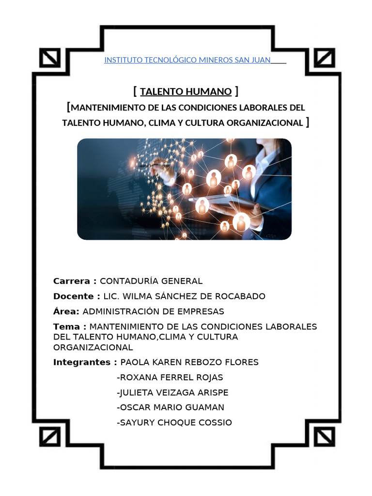 MANTENIMIENTO DE LAS CONDICIONES LABORALES, CLIMA Y CULTURA ...