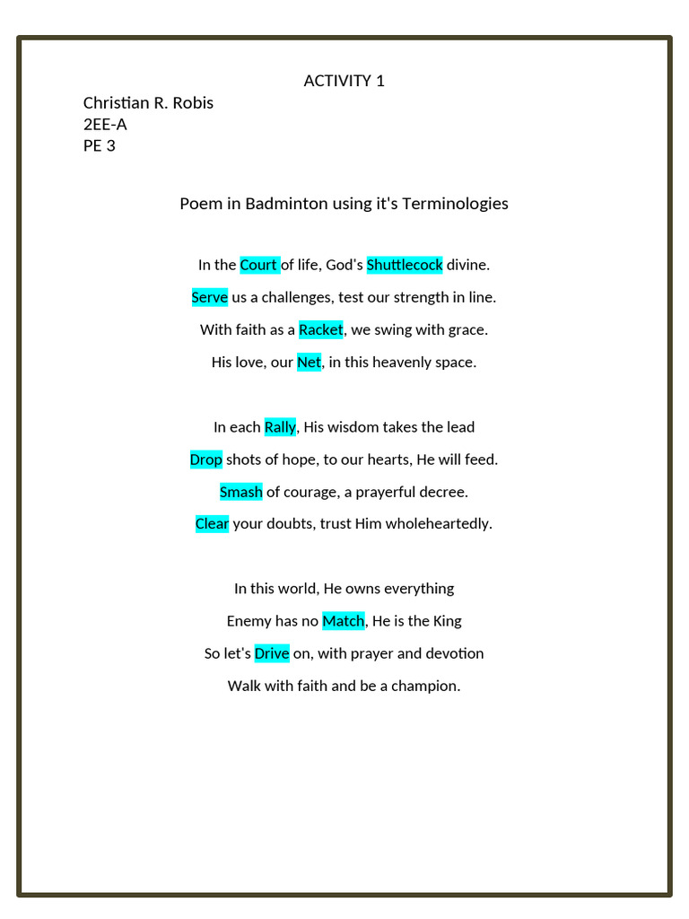 Badminton Poem with Spiritual Themes | PDF