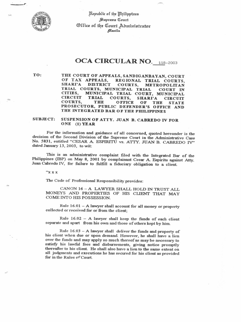 OCA Circular No.118 2003 | PDF