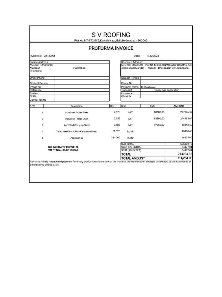 CCGL Roofing Sheets Invoice Details | PDF | Invoice | Value Added Tax