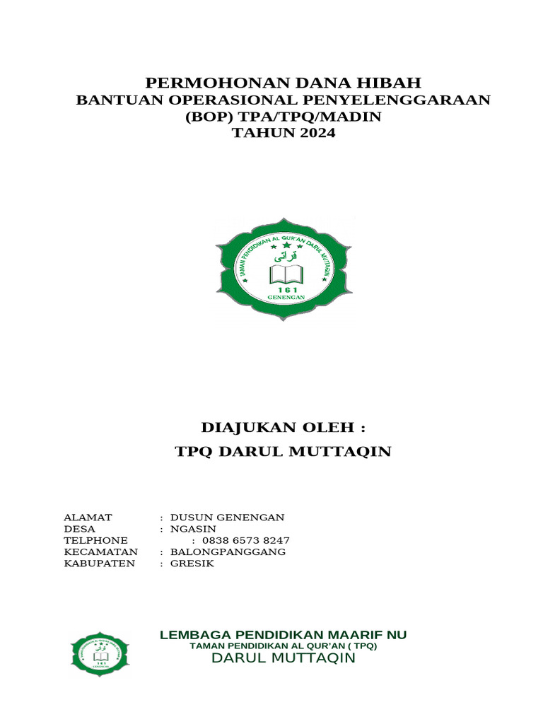 Contoh Permohonan Bop TPQ Madin, Ponpes 2024 | PDF