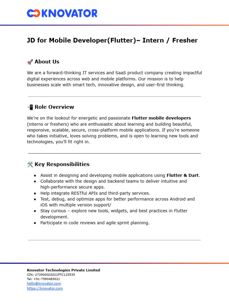 JD For Mobile Developer (Flutter) - Intern - Fresher | PDF | Mobile App ...