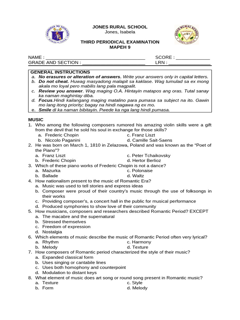 3rd-Quarter-Exam QUIZ MUSIC AND ARTS | PDF | First Aid | Romantic Music